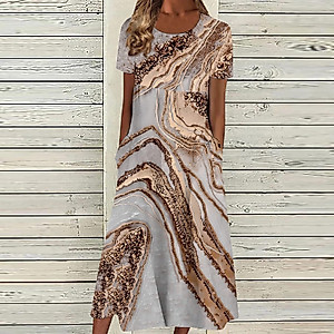 Sage Green Dress for Women, V Neck Dress Women Italian Linen Dress Tie Dye Dresss Casual Women's Summer Fashion Printed Short Sleeve Round Neck Pocket Dress Curvy Floral Maxi (XL, Khaki)