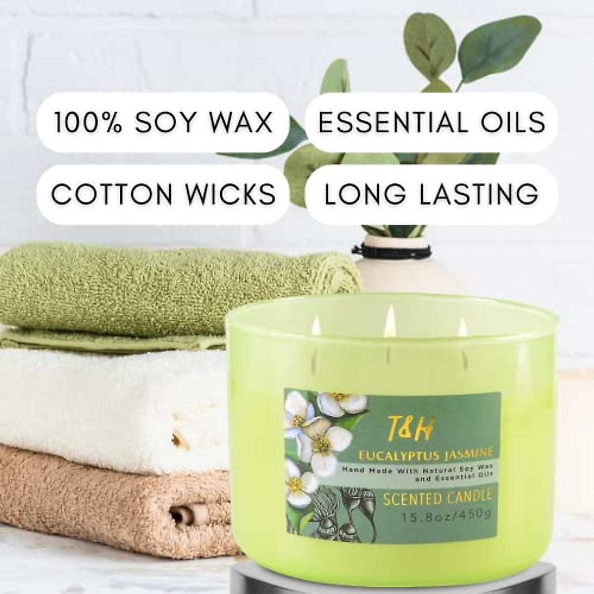 Stress Relief Aromatherapy Candle for Men & Women - Eucalyptus Jasmine 3 Wick Candle with Lavender, Mandarin & Balsam - Strong Scented Candles for Home 15.8 oz - Natural Soy Candles, Eucalyptus Candle