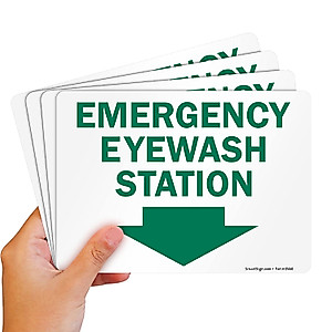 SmartSign (Pack of 4) 5 x7 inch “Emergency Eyewash Station” Sticker Labels with Down Arrow, 5 mil Laminated Polyester with SuperStick Adhesive, Green and White