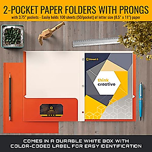 Orange Paper 2 Pocket Folders with Prongs, 50 Pack, by Better Office Products, Matte Texture, Letter Size Paper Folders, 50 Pack, with 3 Metal Prong Fastener Clips, Orange