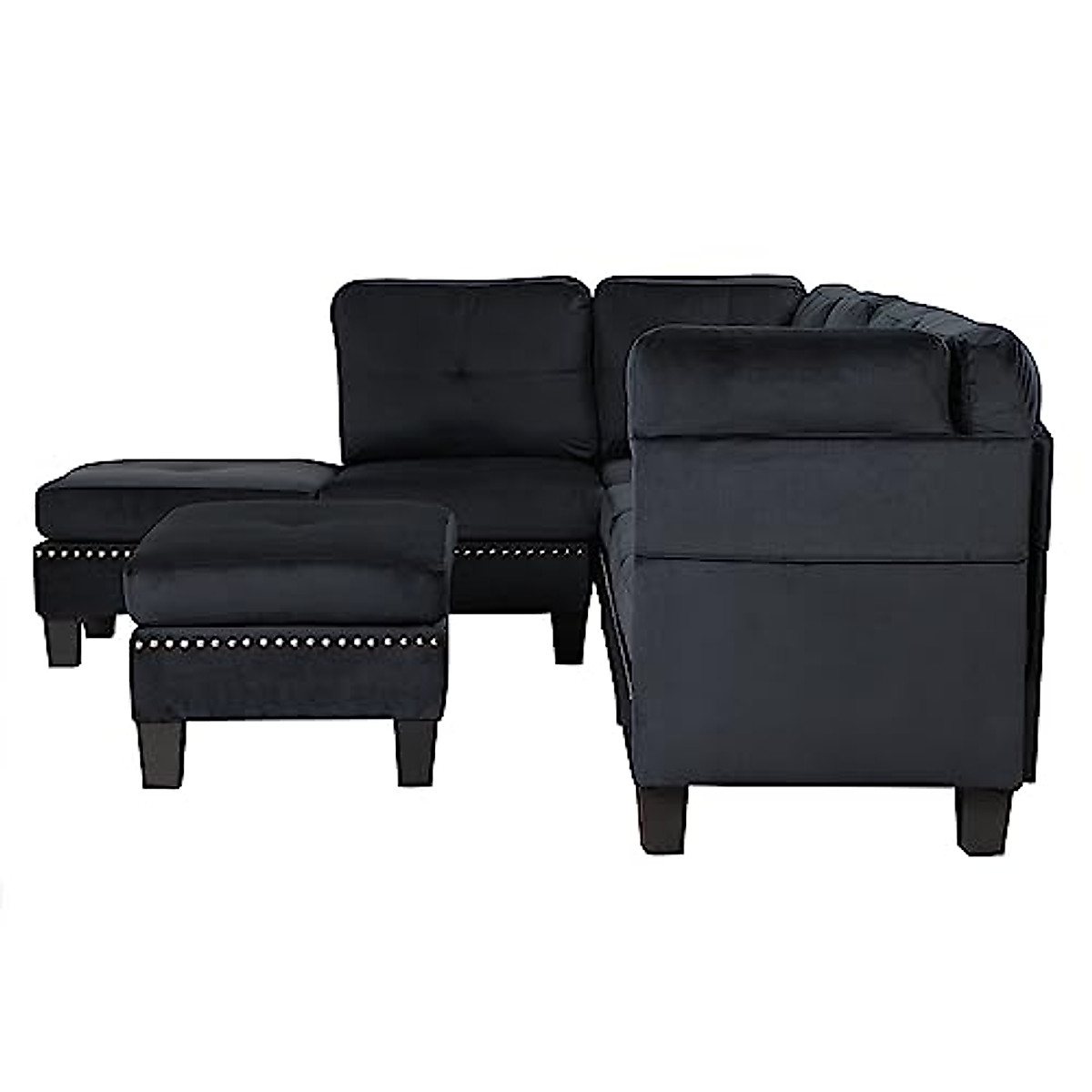 Casa Andrea Milano 3-Piece Velvet with Nailhead Trim Sectional Sofa and Ottoman Set, Large, Black