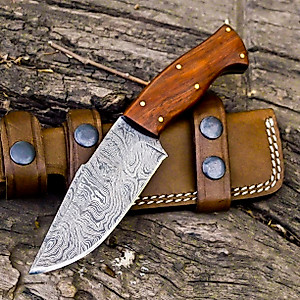 Nooraki HK-319 Custom Handmade Damascus Steel Knife - Full Tang Rosewood Handle, with Leather Sheath 8 Overall Hunting Skinning Survival Knife (Damascus Steel)