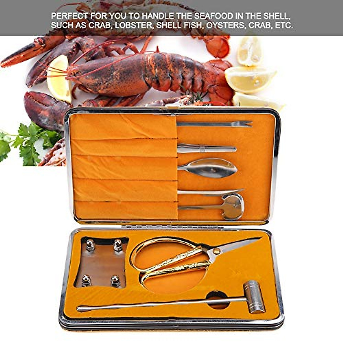 Crab Tool, 8Pcs Crab Leg Crackers and Tools Stainless Steel Nut Lobster Cracker Opener Set Seafood Claw Tool Set Hammer Spoon Shaving Scissors Axe Fork Tweezers Little Chopping Block with Package Box