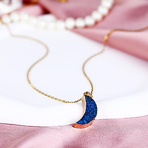MISS RIGHT Healing Crystal Druzy Crescent Moon Necklace for Women, Dainty Minimalist Bohemian Cute Chakra Geode Necklaces Aesthetic (Malachite Blue)