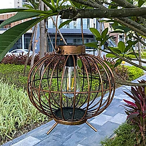 pearlstar Solar Lantern Outdoor Hanging Lights 8" Metal Copper Solar Powered Table Lamp with Edison Bulb Waterproof for Yard Tabletop Patio Porch Garden Decoration
