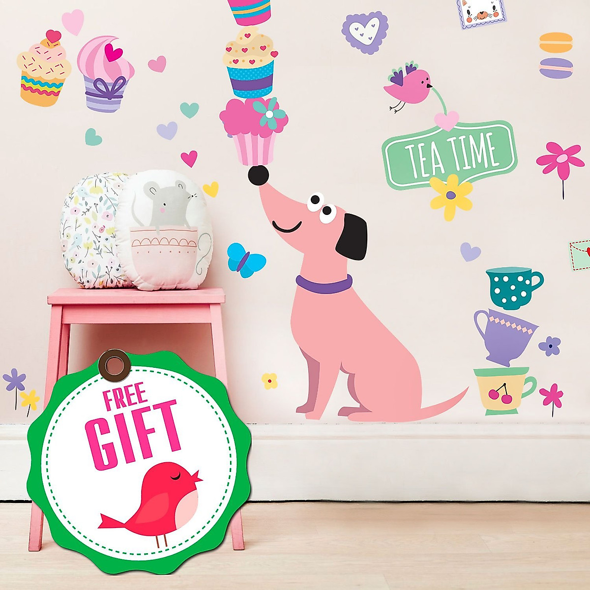 Dog Wall Decals for Girls - Cupcake Cute Pink Decor Stickers for Kids - Wall Decor Stickers for Kids - Baby Decals Dog [>45 Art Baby Bedroom clings]