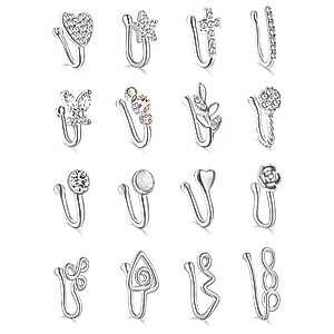 Akeoqi 16-24Pcs African Faux Nose Cuff Non Piercing Inlaid Cubic Zirconia Clip on Nose Ring Star flower Leaf Heart Shape Nose Ring Fake Nose Cuff for Women Silver Gold Rose Gold Tone