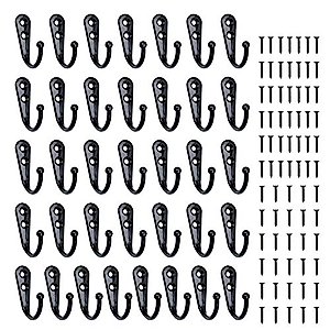 36 Pieces Coat Hooks Wall Mounted Robe Hook Single Coat Hanger No Scratch and 72Pieces Screws Black (Black)