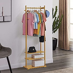 MoNiBloom Bamboo Freestanding Garment Rack with Shelves and Hooks Tall 3 Tiers Clothes Racks Clothing Storage Shelving w/Pants Racks for Bedroom Laundry Room Guest Room, Natural