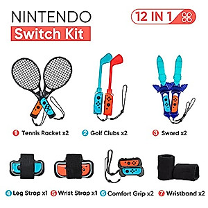 Nintendo Switch Accessories Bundle, Switch Controllers Joy-Con Grips, 12 IN 1 Accessories Kit for Switch Sports Games, Tennis Rackets, Comfort Grips Golf Clubs, Swords, Wrist Bands and Leg Strap
