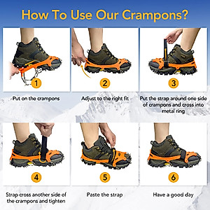 Crampons Ice Cleats Anti Slip Newest 28 Stainless Steel Spikes Suitable for All Boots Shoes Great Protect for Hiking Trekking Walking Jogging Climbing Mountaineering Fishing Men Women Kids(Orange, L)