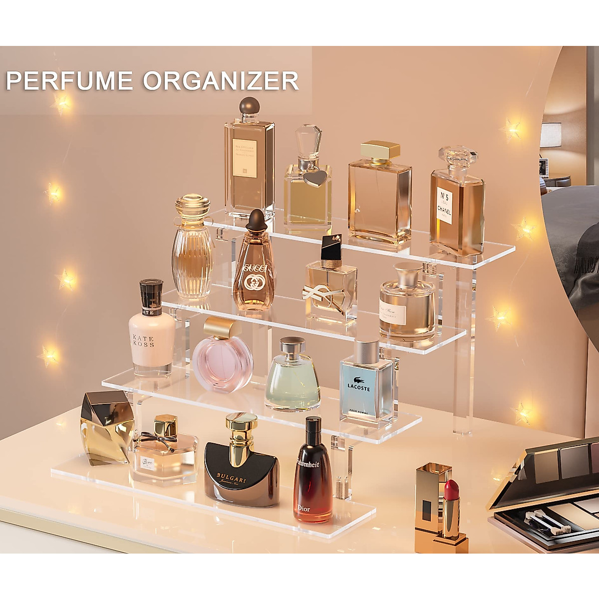 Acrylic Risers Display Stands, Clear Perfume Organizer, 4 Tier Diaplay Riser Shelf Compatible with Funko POPs Amiibo Nendoroids, Lotion Holder Cupcake Stand Shot Glass Display Tiered Table Shelf Stand