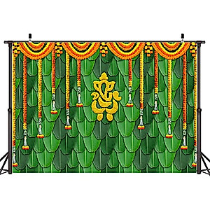 Ticuenicoa 7×5ft India Pooja Traditional Photography Backdrop Diwali Backdrops Banana Leaf Green Chatiya Ganesh Background Marigold Puja Ganpati Wedding Photo Tapestry Booth Props