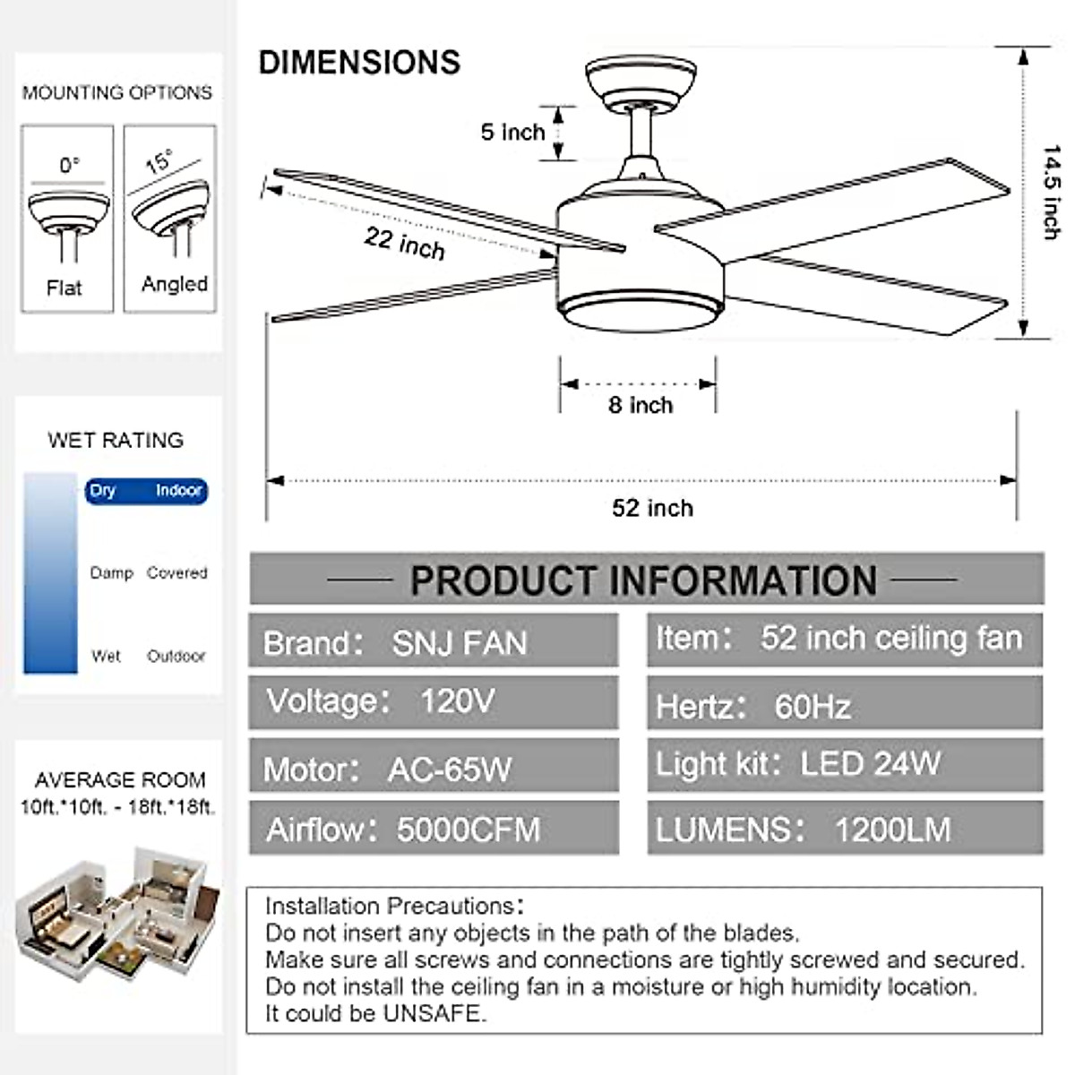SNJ 52 inch Black Ceiling Fans with Lights and Remote, Low Profile, Modern, Ceiling Fan, Bedroom, Indoor, Outdoor, Home, Fandelier, LED, Dimmable, Tri-Color Temperature, Quiet Reversible, 1084…