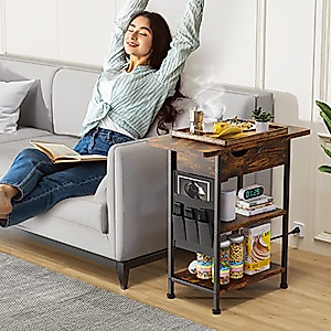 TARKARI Side Table end Table with Charging Station Living Room Narrow end Tables with Storage Bedside Table Flip Top Night Stand USB Ports and outlets Sofa Couch Table for Small Spaces
