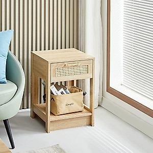 Meihua Rattan Nightstand, Boho Side Table with Handmade Rattan Decorated Drawer, Modern End Table for Bedroom, Living Room.