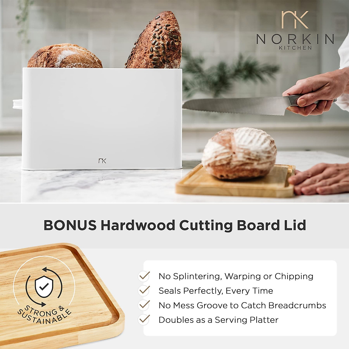 Extra Large Bread Box White - Modern Farmhouse Bread Box with Cutting Board Lid, Metal Bread Boxes for Kitchen Counter, Big Bread Box Holds 2+ Loaves, Air Vents to Keep Bread Fresh, Bread Holder
