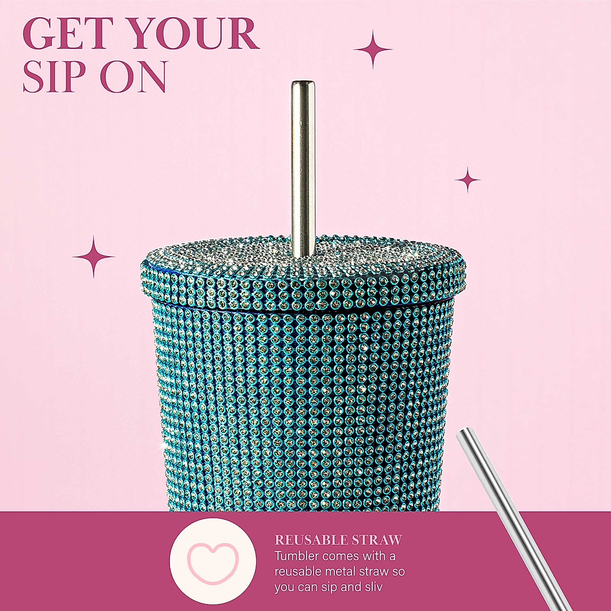 Paris Hilton Diamond Bling Water Tumbler With Lid And Straw, Vacuum Insulated Stainless Steel, Bedazzled With Over 3700 Rhinestones, 16.9-Ounce, Blue