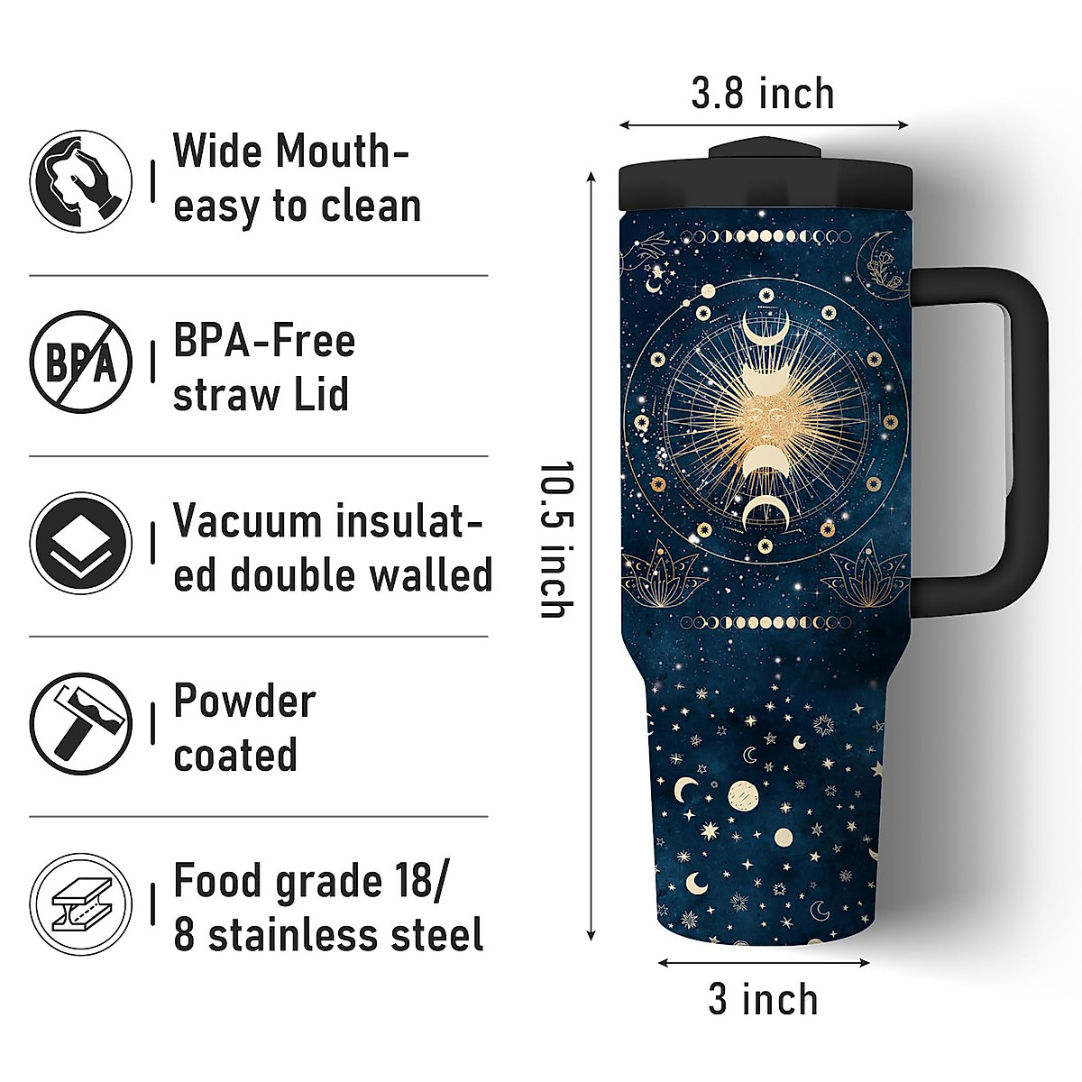 Equoza Tumbler with Lid and Straw Travel Coffee Mug Gifts for Astrology, Celestial, Moon, Galaxy Lovers 40oz Tumbler with Handle Travel Mug Double Wall Vacuun Insulated Cup (Pack of 1)