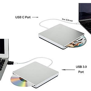 Aouan External CD DVD Drive Burner/Portable/Slim/Reader/Type-c/USB-C Drive(Equipped with USB 3.0 Adapter) for MacBook Pro/PC/Mac/Laptop/Air Windows7/ Windows8 /Windows10 (Sliver)