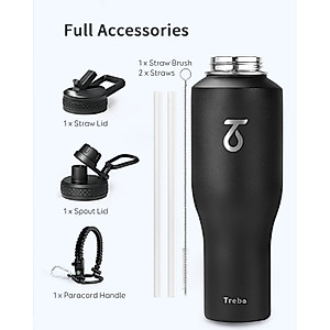 Trebo 40oz Insulated Water Bottle that Fits in Cup Holder, Stainless Steel Bottles Tumbler Double Wall Metal with Straw Spout Lids,Travel Flask with Paracord Handle, Sweat Proof Keep Cold &Hot,Black