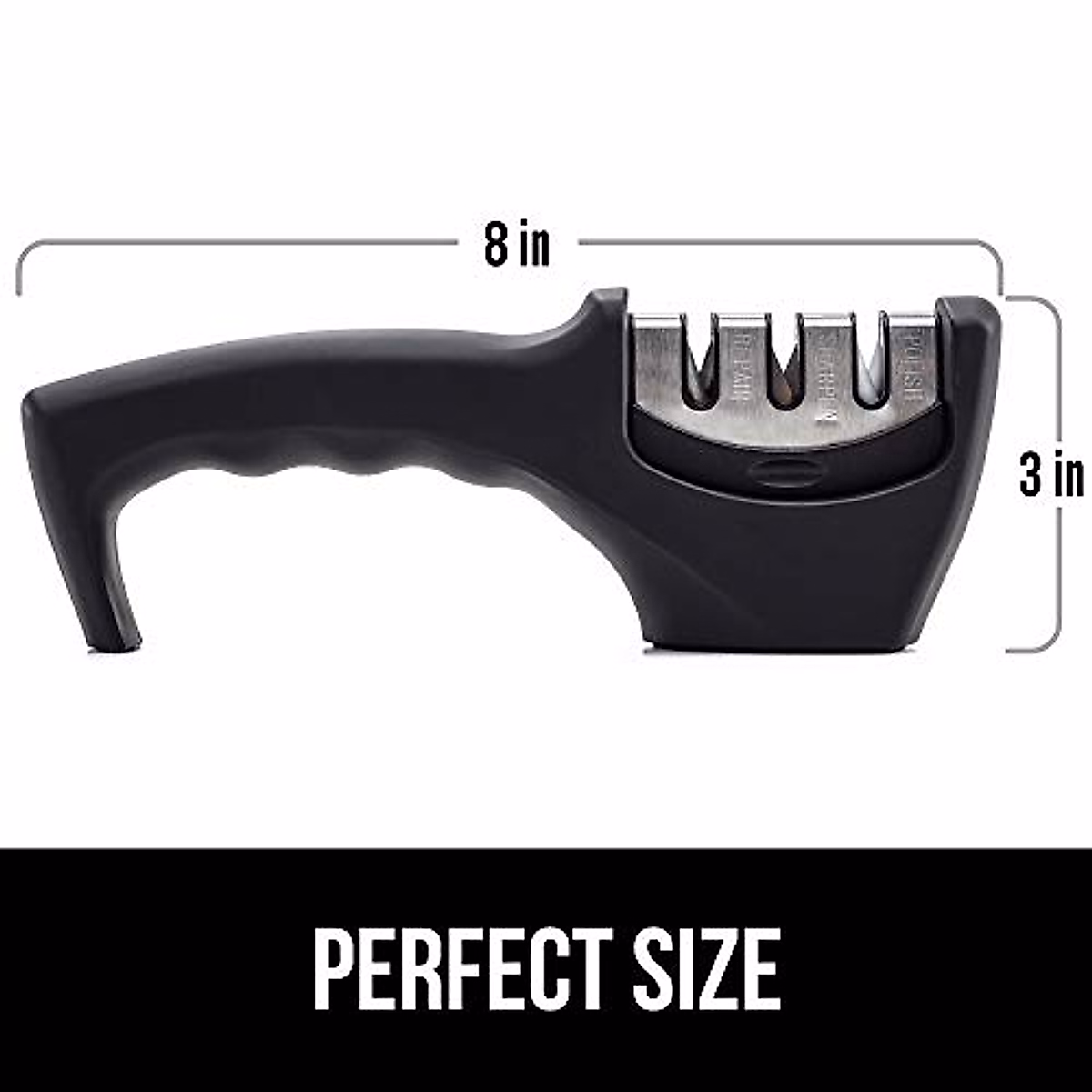 Gorilla Grip Easy to Use Knife Sharpener, 3 Sharpening Options to Help Polish, Sharpen and Repair Kitchen Knives, Restore Dull Blades, Slip Resistant Handle, Durable, Professional Chef Quality, Red