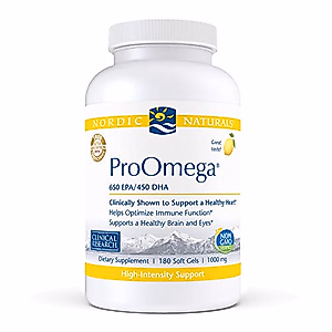 Nordic Naturals ProOmega, Lemon Flavor - 180 Soft Gels - 1280 mg Omega-3 - High-Potency Fish Oil with EPA & DHA - Promotes Brain, Eye, Heart, & Immune Health - Non-GMO - 90 Servings