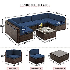 UDPATIO Outdoor Patio Furniture Sets 7 Pieces Outdoor Sectional Couch, PE Rattan Sofa Wicker Patio Conversation Sets with Cover for Yard Deck Balcony Poolside w/Coffee Table Thickened Cushions, Navy