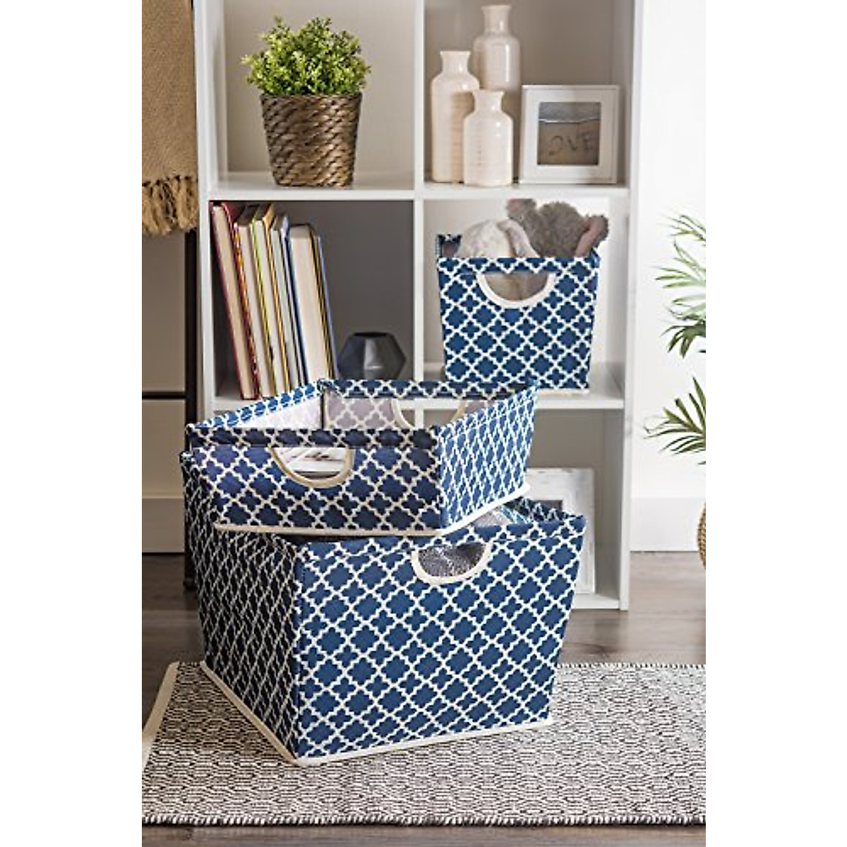 DII Collapsible Polyester Storage Bin, Trapezoid Lattice, Nautical Blue, Medium
