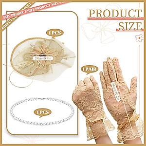 3 Pieces Fascinators Hats for Women Tea Party Hat Feathers Veil Mesh Hat Lace Gloves Pearl Choker Necklace Set for Wedding (Gold)