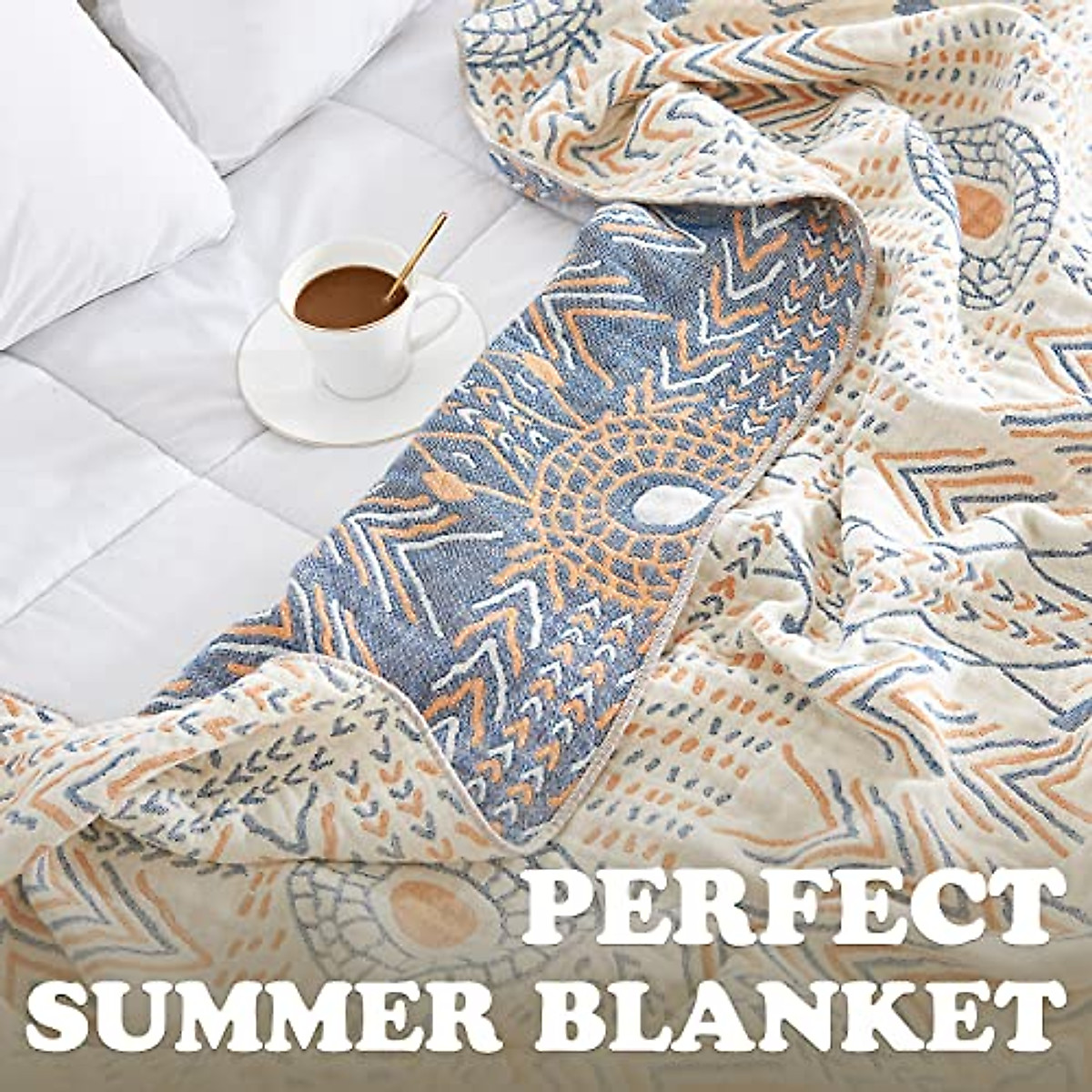 COLLACT Boho Throw Blanket for Couch Cotton Sofa Jacquard Coverlet Orange Throw Blankets for Bed Bohemian Geometric Throws Soft Cozy Quilted Blanket Year Round 60x80 Inch Orange