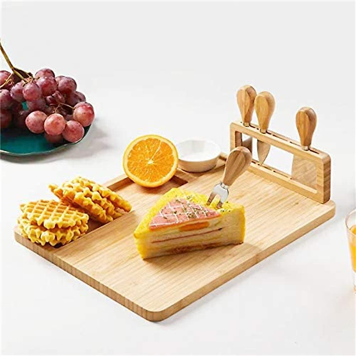 Aoibox Bamboo Cheese Board Set 14.17"*11"*0.8", Charcuterie Platter and Serving Meat Board Including 4 Stainless Steel Knife, Cheese Tray, Yankee Swap Gifts