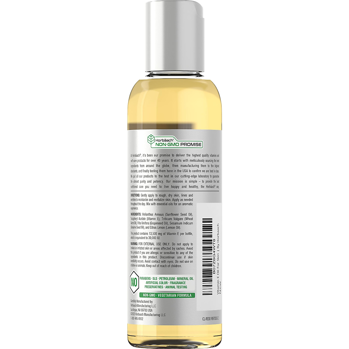 Horbäach Vitamin E Oil For Skin 30,000 IU | 4 fl oz | 100% Pure Oils | Moisturizing Skin Care | Non-GMO, Vegetarian | Lemon Scented
