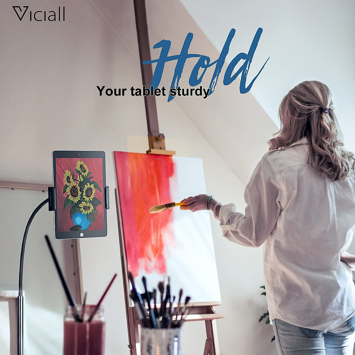 VICIALL Tablet Stand Adjustable, Gooseneck Swivel Tablet Holder Mount with Adjustable Height & Heavy Duty Stable Base, Compatible with iPad Mini, Galaxy Tab, Kindle, Cell Phones