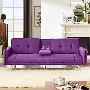Lamerge Futon Sofa Bed,Convertible Upholstered Folding Sofa,Multi-Functional Sofa Couch for Compact Small Space,Apartment,Dorm,2 Cup Holders,72.4",Purple