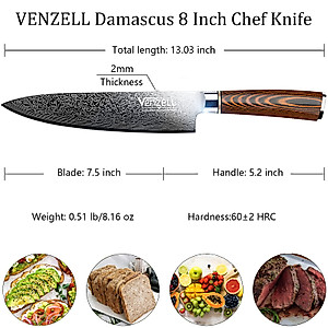 VENZELL Handmade 8 inch Chef Knife, 67-layer Damascus Stainless Steel Knife, HRC60±2 Professional Chopping Knife with Ergonomic PAKKA Wood Handle