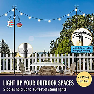 WY String Light Poles for Outdoor String Light - Light Pole with Hooks & Solar Panel Base to Hang up LED Lighting - Backyard, Garden, Patio, Deck Lighting Stand for BBQ, Party, Bistro & Weddings