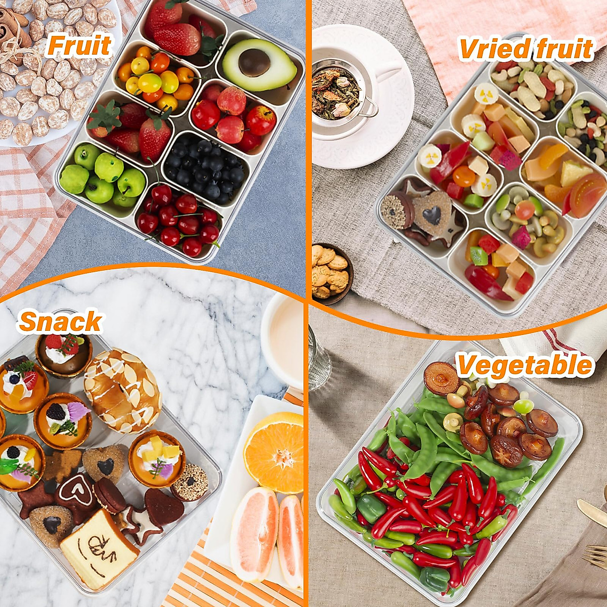 YFUIF Snackle Box Container - 8 Compartments Divided Serving Tray with Lid and Handle, BPA-Free Snack Box Organizer for Fruits, Candy, Snacks (1, White Small 8 Compartments)