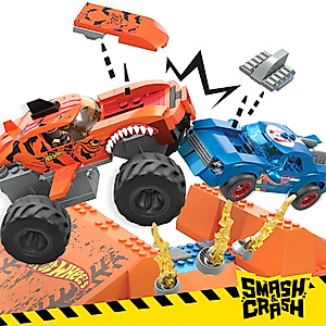 MEGA Hot Wheels Monster Trucks Toy Building Set, Smash & Crash Tiger Shark Chomp Course with 245 Pieces, 2 Micro Figure Drivers, Orange, Age 5+ Years