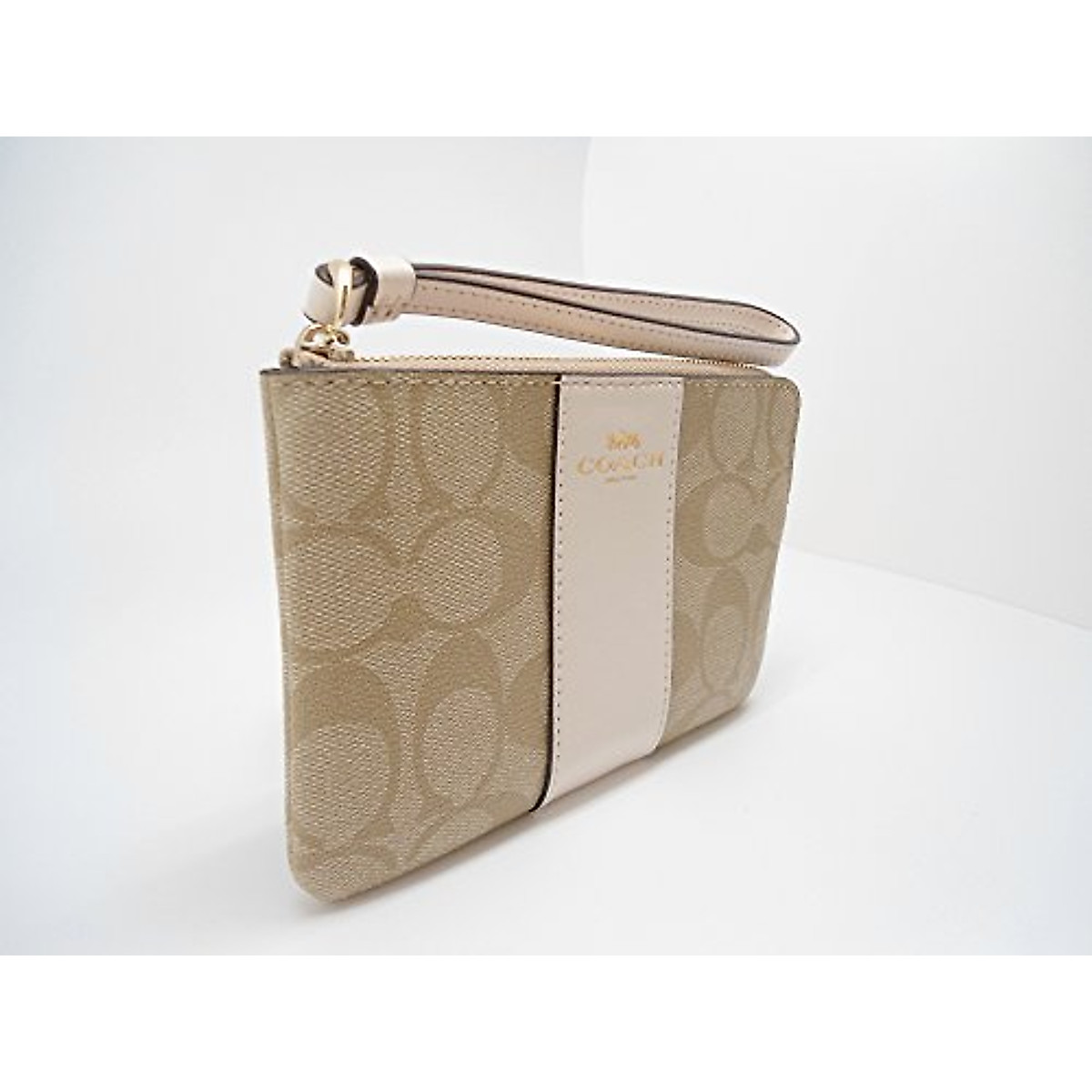 Coach Signature PVC Leather Corner Zip Wristlet, Light Khaki, Chalk