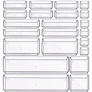Criusia 22 Pcs Drawer Organizer Bins, Acrylic Non Slip Kitchen Drawer Organizers Storage Tray Divider, Multifunctional Storage for Cosmetics, Bathroom, Tools, Kitchen and Office