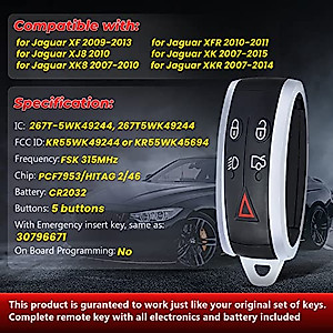 Aichiyu Keyless Entry Smart Remote Key Fob Replacement for Jaguar XF XFR XJ8 XK XK8 XKR 2007 2008 2009 2010 2011 2012 2013 2014 2015 FCC ID: KR55WK49244 KR55WK45694 315Mhz PCF7953 Chip