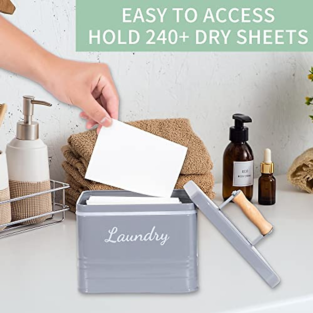 Candco Laundry Dryer Sheets Holder with Lid, Farmhouse Metal Laundry Room Organization, Fabric Softener Dispenser for Laundry Room Decor, Space Saving and Storage (Grey)