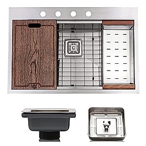 Strictly Sinks 33 Topmount Kitchen Workstation Sink Silver Single Bowl 16 Gauge Stainless Steel Drop In Sink With Scratch, Stain Resistant Colander, Cutting Board, Bottom Grid & Strainer Square Drain