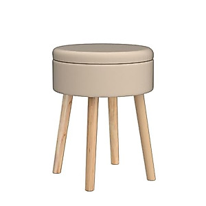 Mxfurhawa Storage Ottoman Linen Round Vanity Stool Tray Top Modern Foot Stool with Wood Legs Multifunctional Upholstered Foot Ottoman Rest for Living Room, Bathroom, Makeup (Beige)