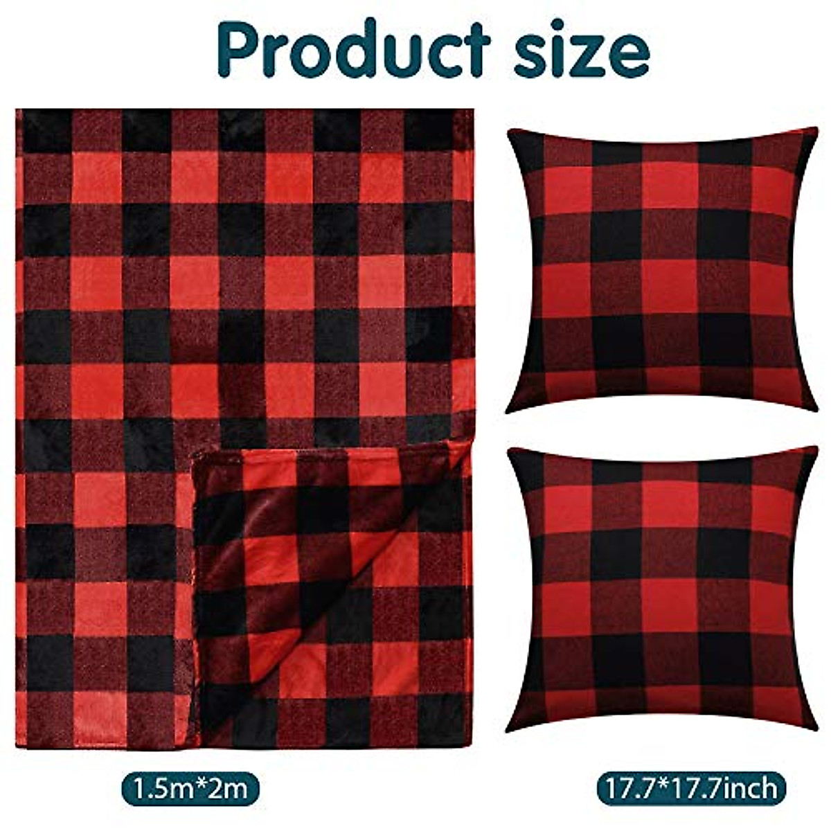 60 x 80 Inches Buffalo Plaid Throw Blanket, Flannel Fleece Throw Blanket, Checkered Soft Blankets with 2 Pieces 18 x 18 Inches Pillow Covers for Christmas Home Decor (Red and Black Plaid)