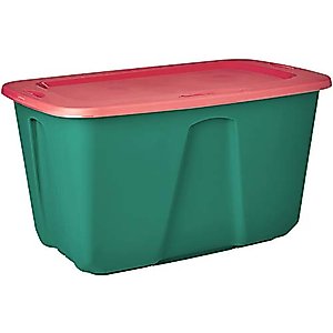 Homz Holiday Plastic Storage Tote Box, 32 Gallon, Greed With Red Lid, Stackable
