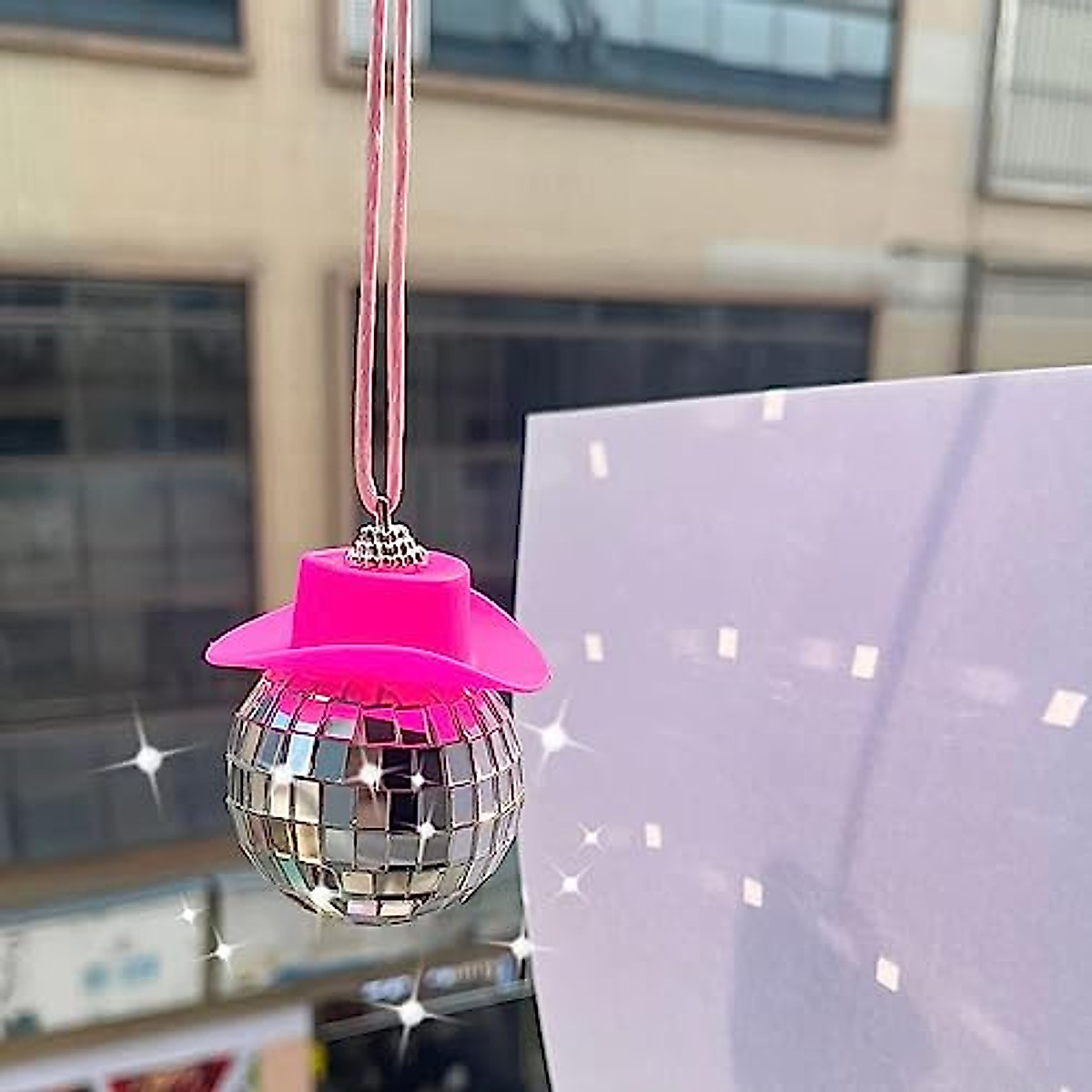 SPANSEE Pink Disco Ball Car Accessory,Disco Mirror Ornament,Disco Cowboy Hat Accessory,Car Ball,Disco Charm,Disco for Car,Cute Accessories