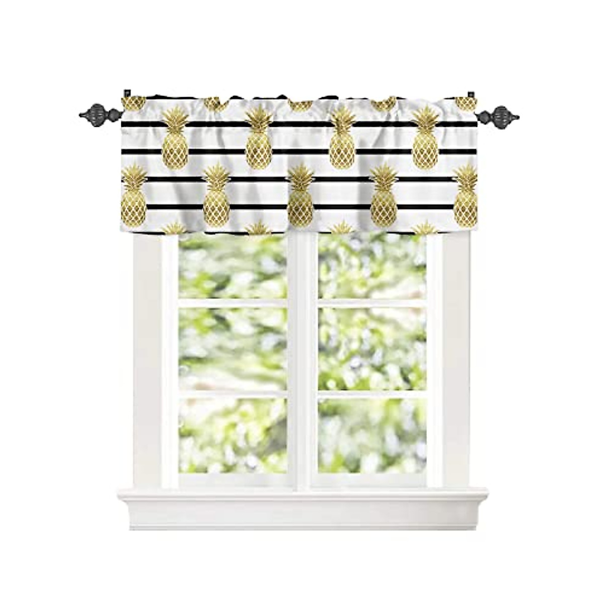 Window Valance for Kitchen,Summer Gold Pineapple Black White Stripes Curtain Valances Rod Pocket Short Curtains,Tropical Fruit Seamless Privacy Window Treatment for Bedroom Living Room 42x12in