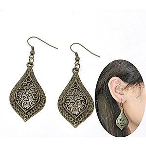 MJartoria Antique Teardrop Hook Dangle Earrings with Filigree Flower Pendant Lightweight Drop Earrings for Womens Hammered Earrings Indian Vintage Bohemian Jewelry